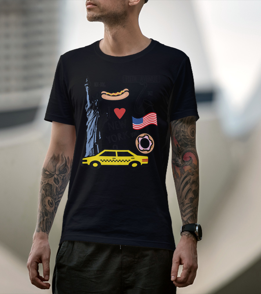 I Heart New York Top Spots Statue Of Liberty Taxi Fifth Avenue Hot Dog Jazz Donut American Flag T-Shirt