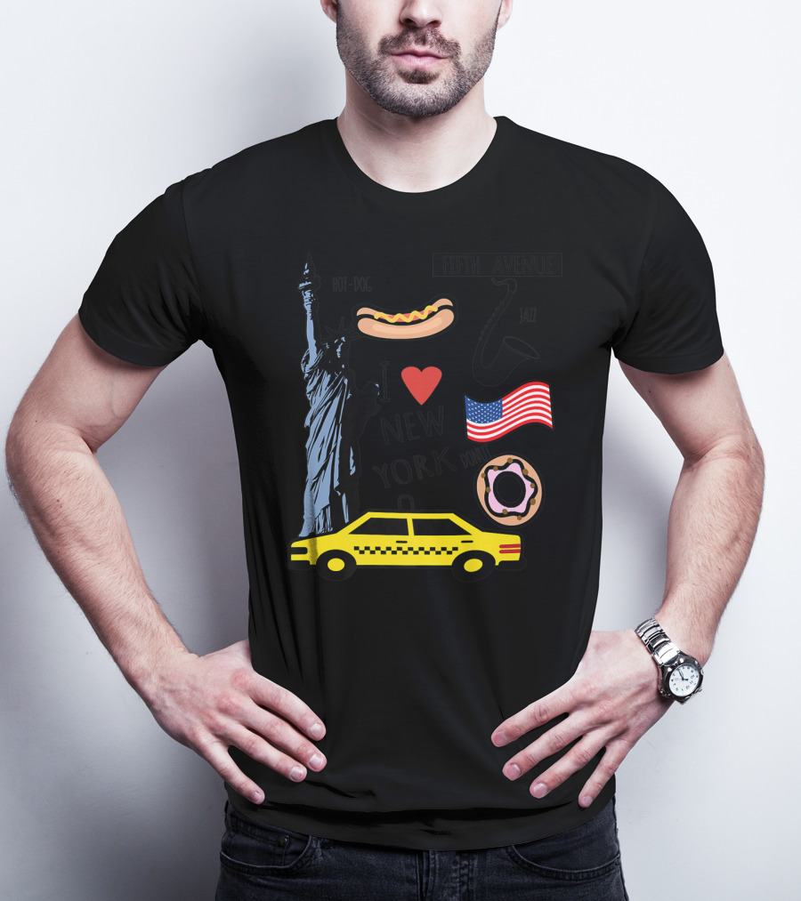 I Heart New York Top Spots Statue Of Liberty Taxi Fifth Avenue Hot Dog Jazz Donut American Flag T-Shirt