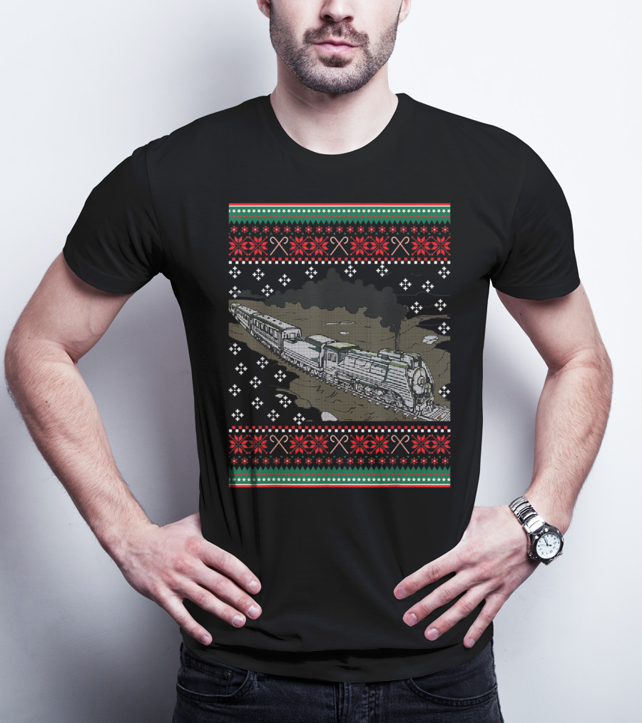 Steam Engine Train Ugly Christmas Pattern Railroad T-Shirt