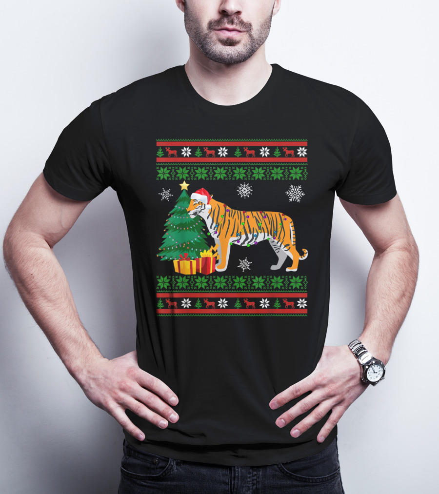 Tiger With Santa Hat And Christmas Tree Holiday Pattern Snowflakes And Reindeer T-Shirt