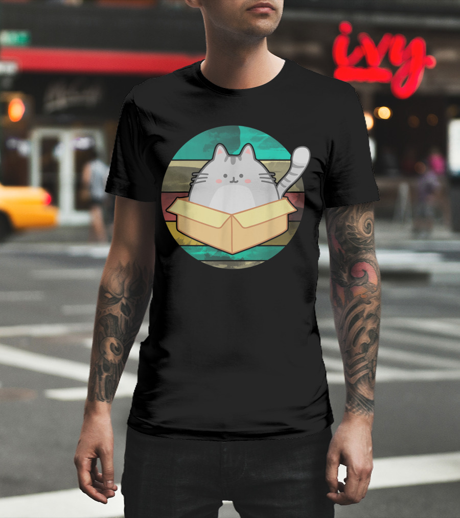Retro Fat Cat In Box With Vintage Stripes T-Shirt
