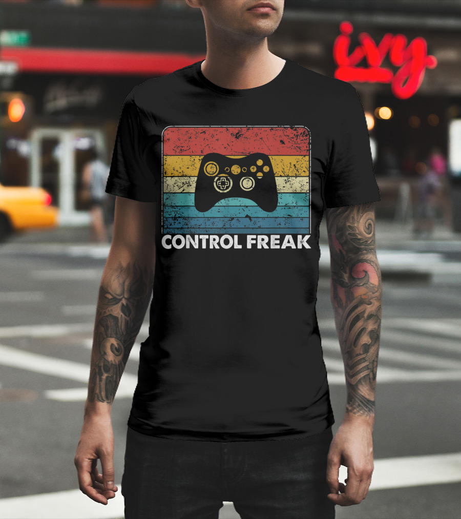 Control Freak Vintage Video Game Controller Retro Stripes T-Shirt