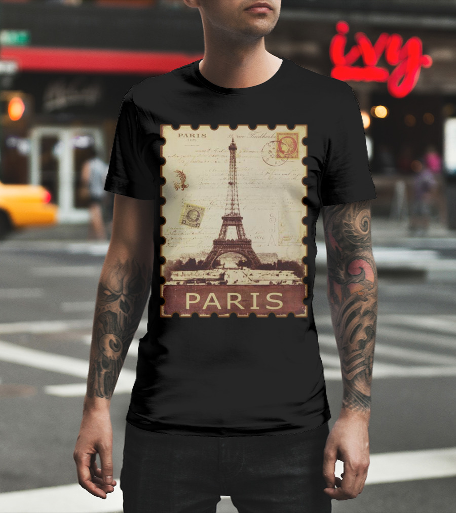 Vintage Eiffel Tower Paris Stamp With Distressed Paris Text T-Shirt