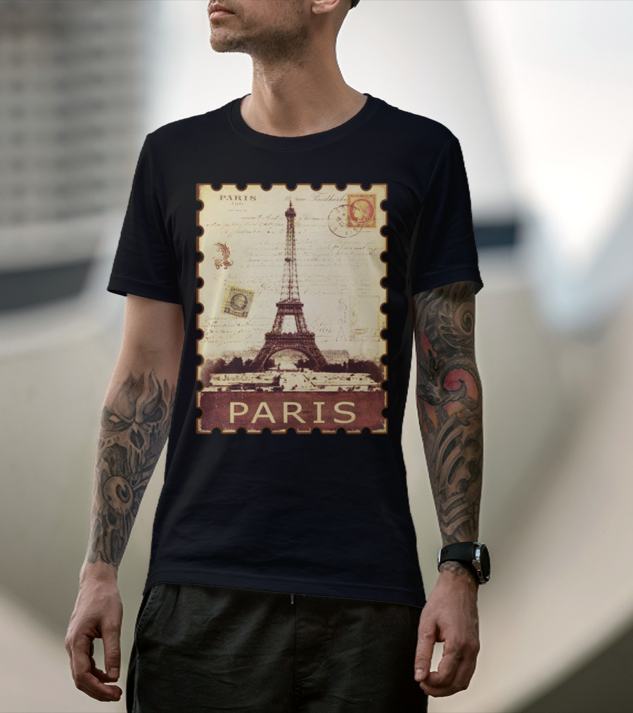 Vintage Eiffel Tower Paris Stamp With Distressed Paris Text T-Shirt