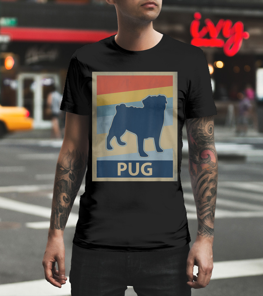 Vintage Pug Silhouette With Retro Stripes T-Shirt