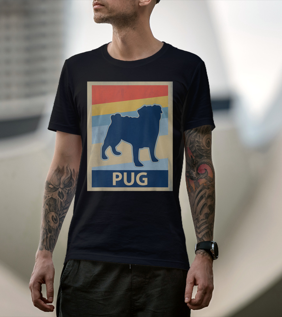 Vintage Pug Silhouette With Retro Stripes T-Shirt