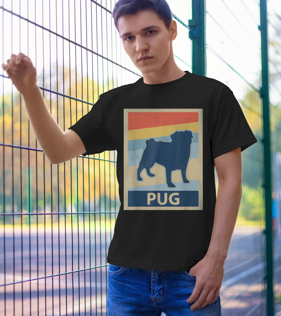 Vintage Pug Silhouette With Retro Stripes T-Shirt