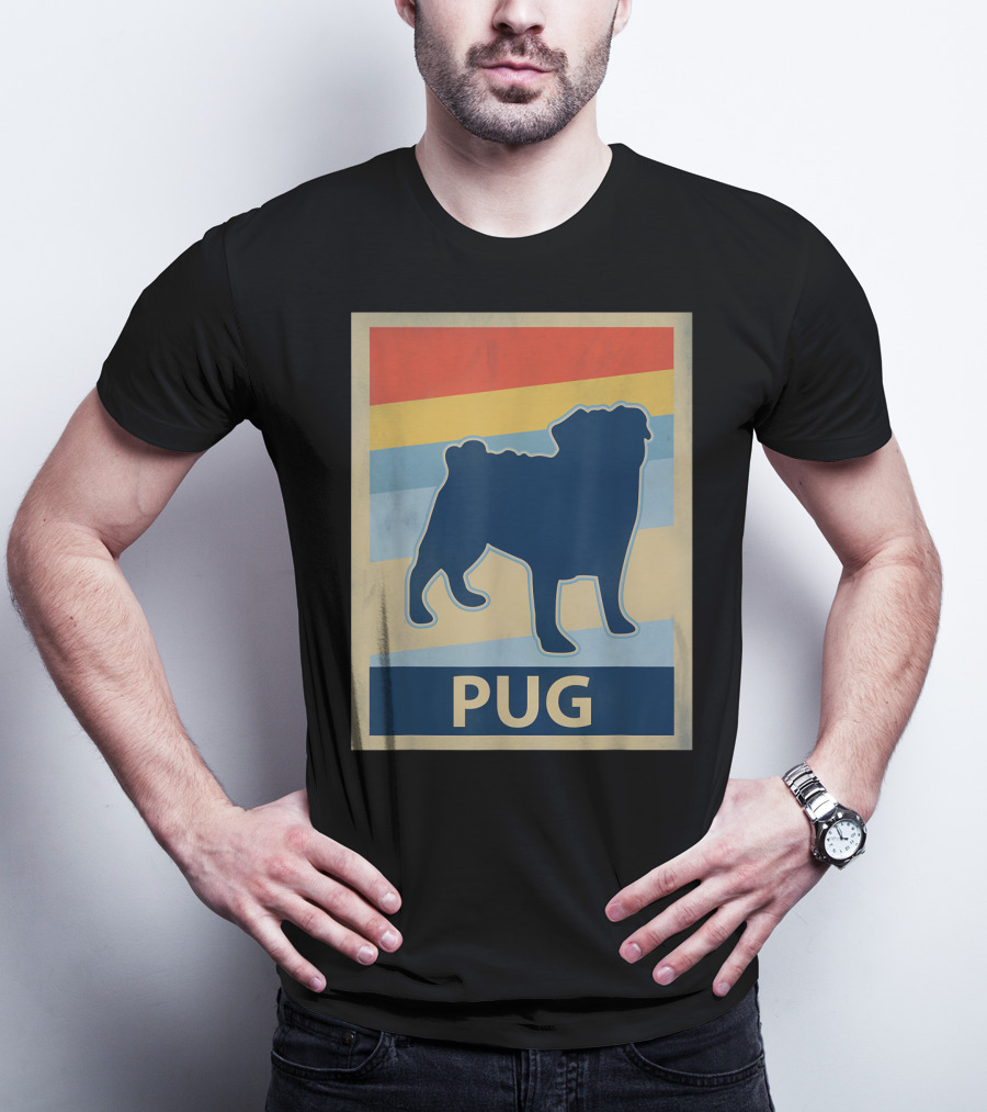 Vintage Pug Silhouette With Retro Stripes T-Shirt