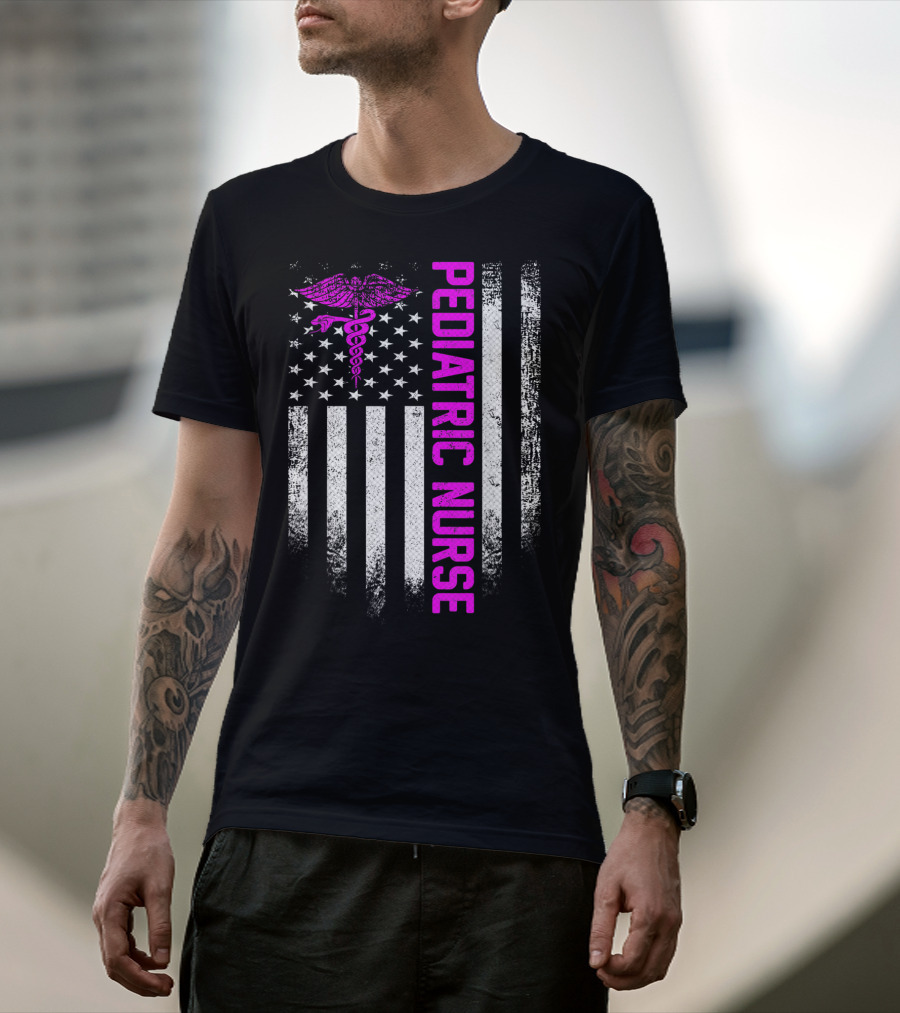 Pediatric Nurse American Flag Vintage USA Caduceus T-Shirt