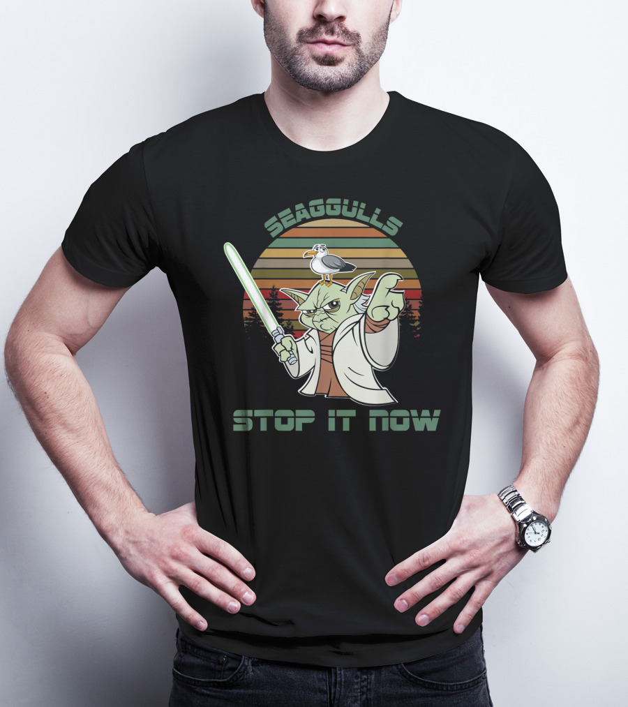 Seagulls Stop It Now Lightsaber Yoda Vintage Sunset T-Shirt