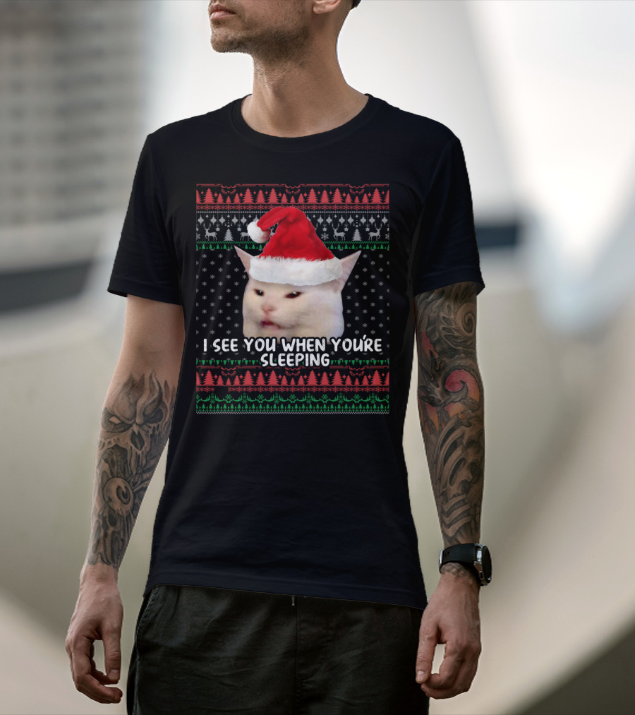 Smudge The Cat Santa Hat Christmas I See You When You're Sleeping T-Shirt