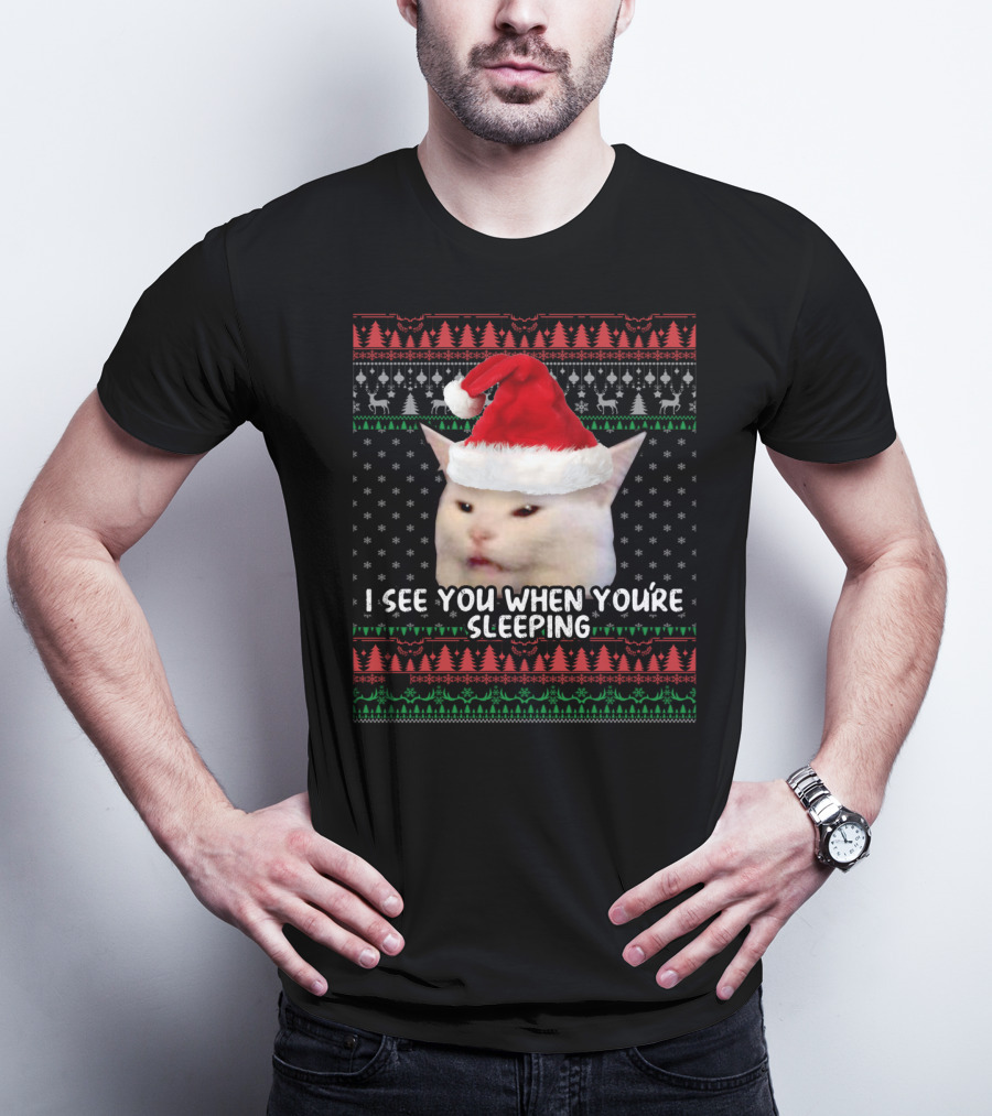 Smudge The Cat Santa Hat Christmas I See You When You're Sleeping T-Shirt