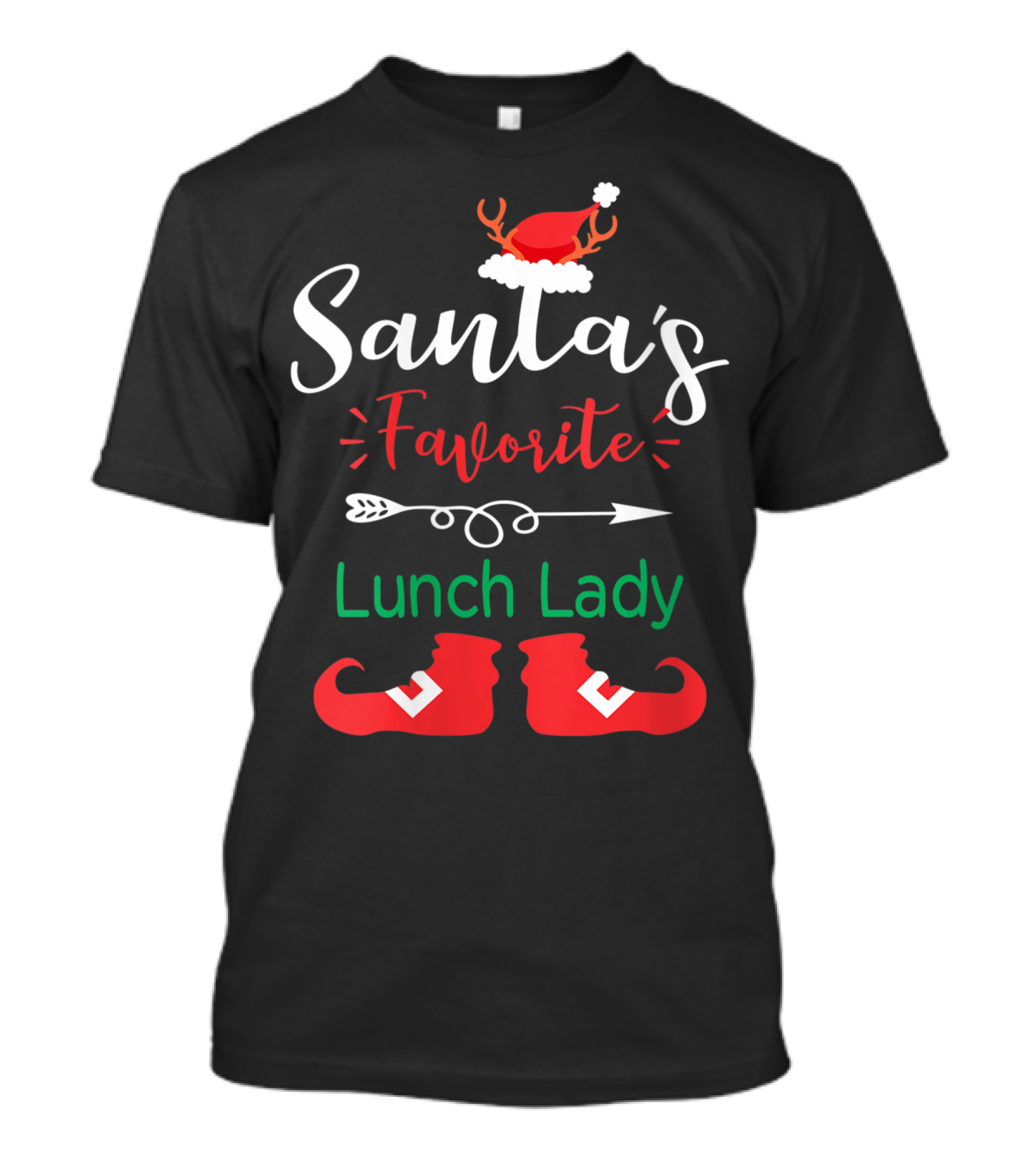 Santa's Favorite Lunch Lady Christmas Hat And Elf Boots T-Shirt