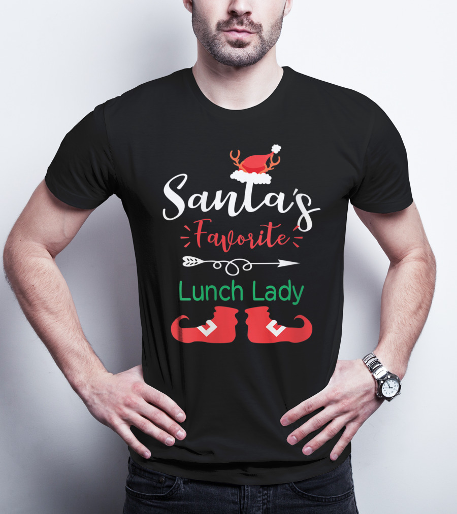 Santa's Favorite Lunch Lady Christmas Hat And Elf Boots T-Shirt