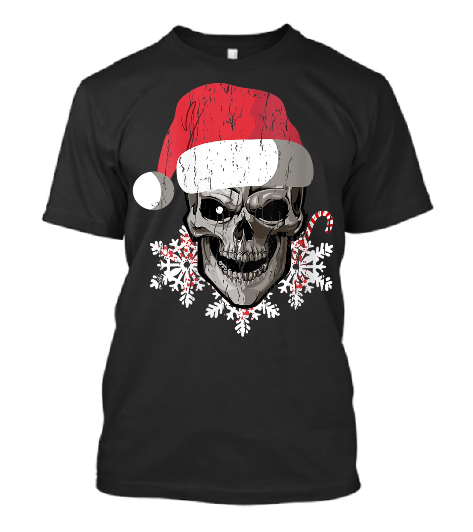 Skull With Santa Hat Snowflakes Candy Cane T-Shirt