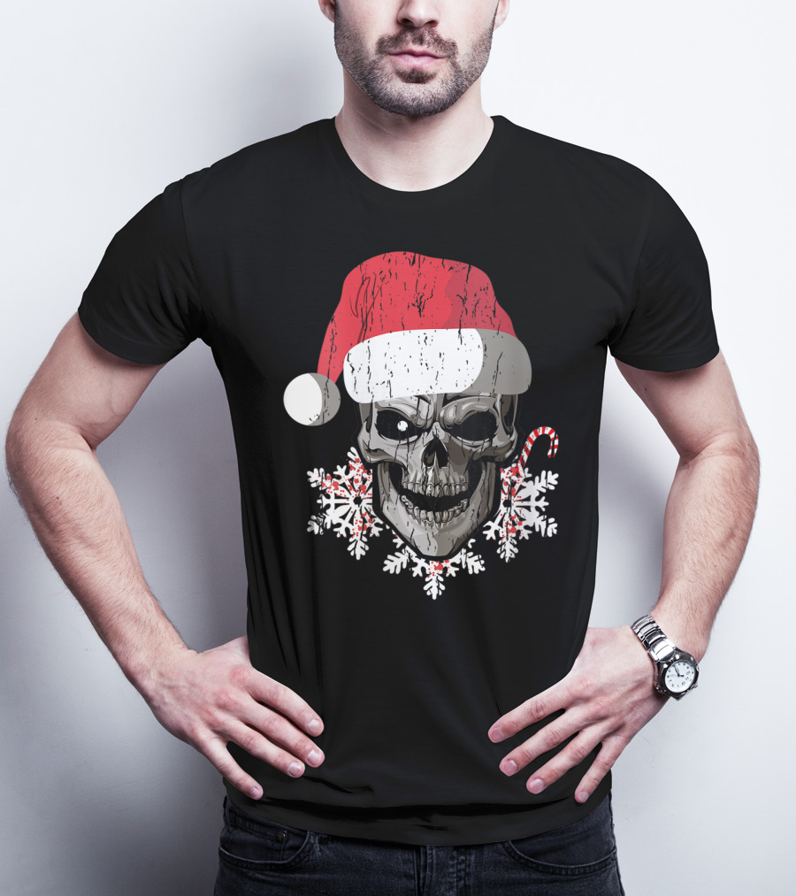 Skull With Santa Hat Snowflakes Candy Cane T-Shirt