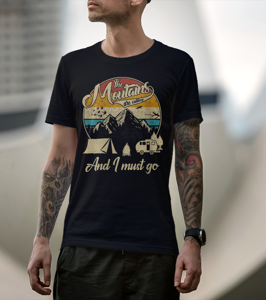 The Mountains Are Calling And I Must Go Vintage 80s Camping Scene T-Shirt