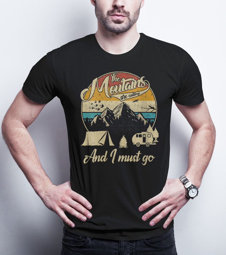 The Mountains Are Calling And I Must Go Vintage 80s Camping Scene T-Shirt