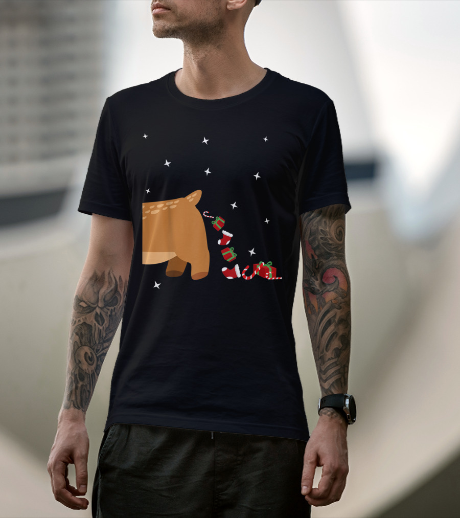 Xmas Sick Reindeer Costume Matching Couple With Stars And Falling Candy Cane Presents T-Shirt
