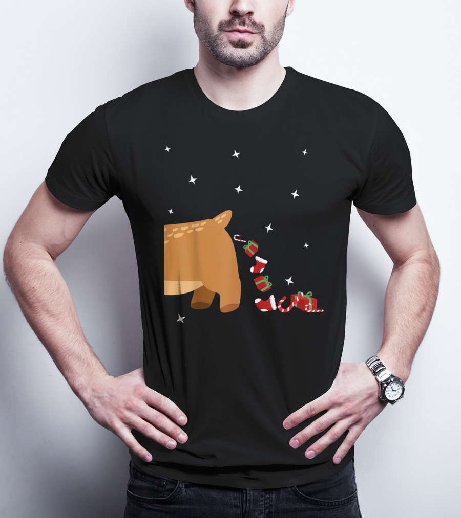 Xmas Sick Reindeer Costume Matching Couple With Stars And Falling Candy Cane Presents T-Shirt