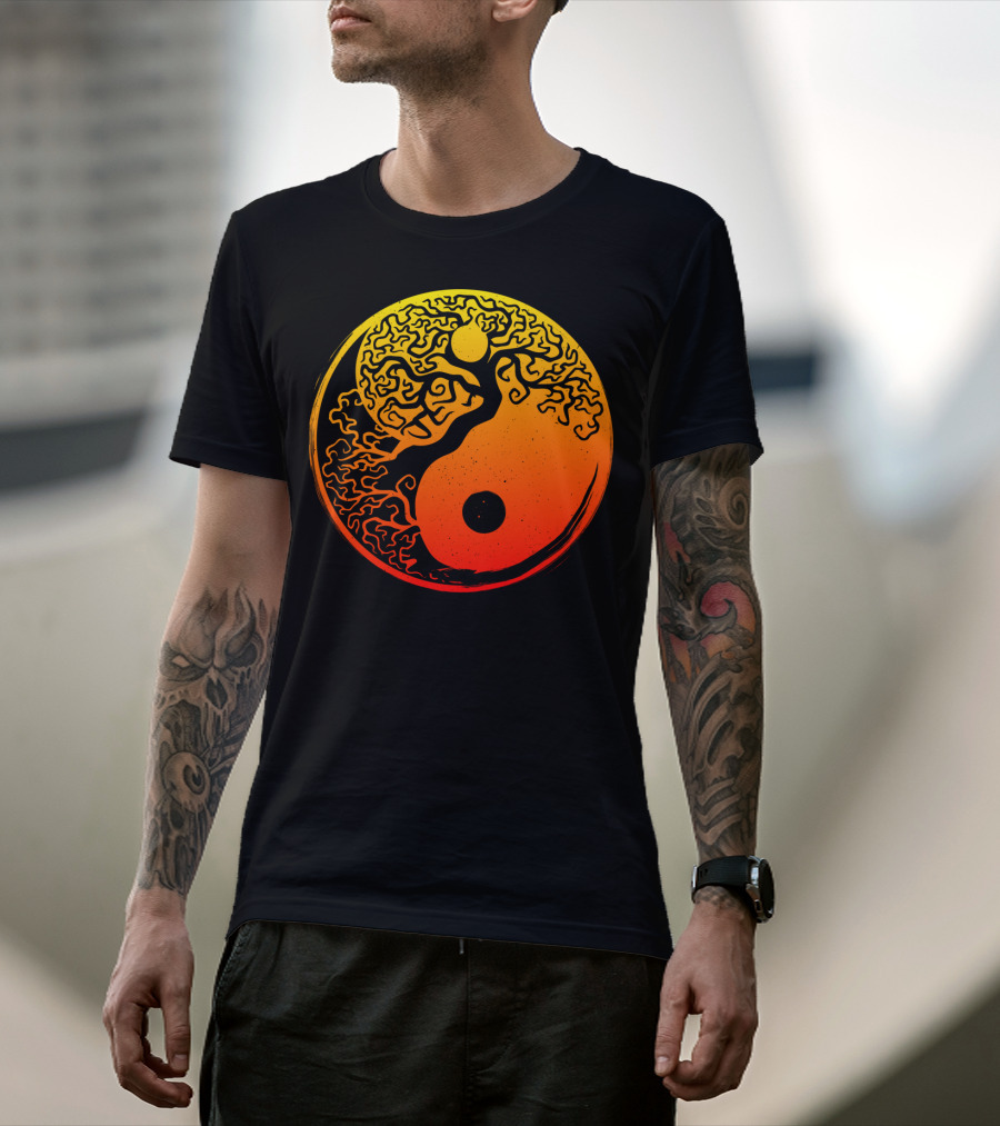 Yin Yang Bonsai Tree Japanese Golden Sun Circle T-Shirt