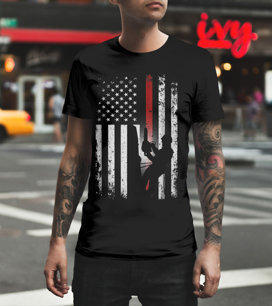 Patriotic Arborist Distressed American Flag With Climber And Chainsaw T-Shirt