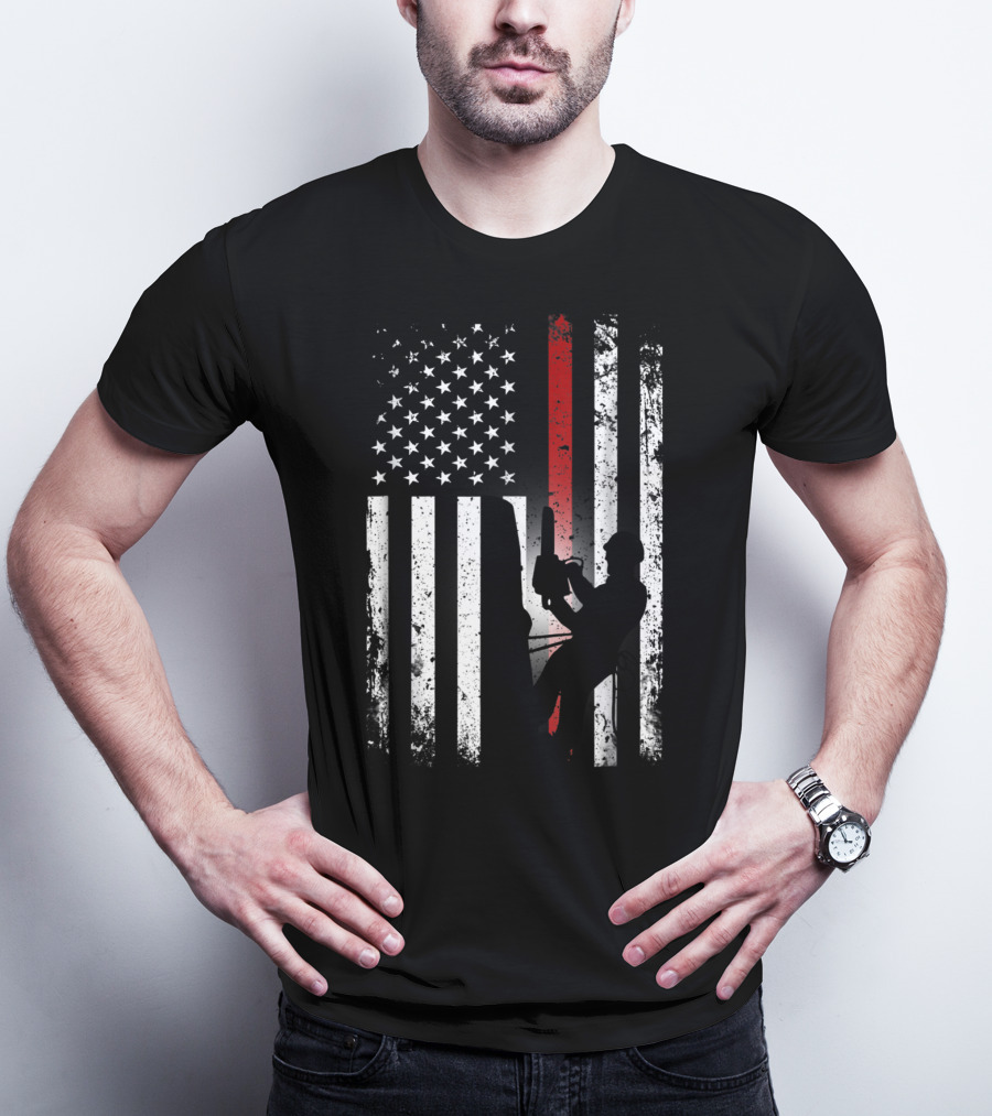 Patriotic Arborist Distressed American Flag With Climber And Chainsaw T-Shirt