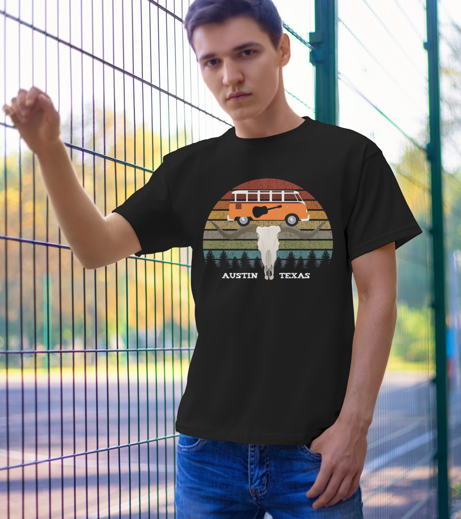 Austin Texas Sunset Van Guitar Skull Forest Vintage T-Shirt