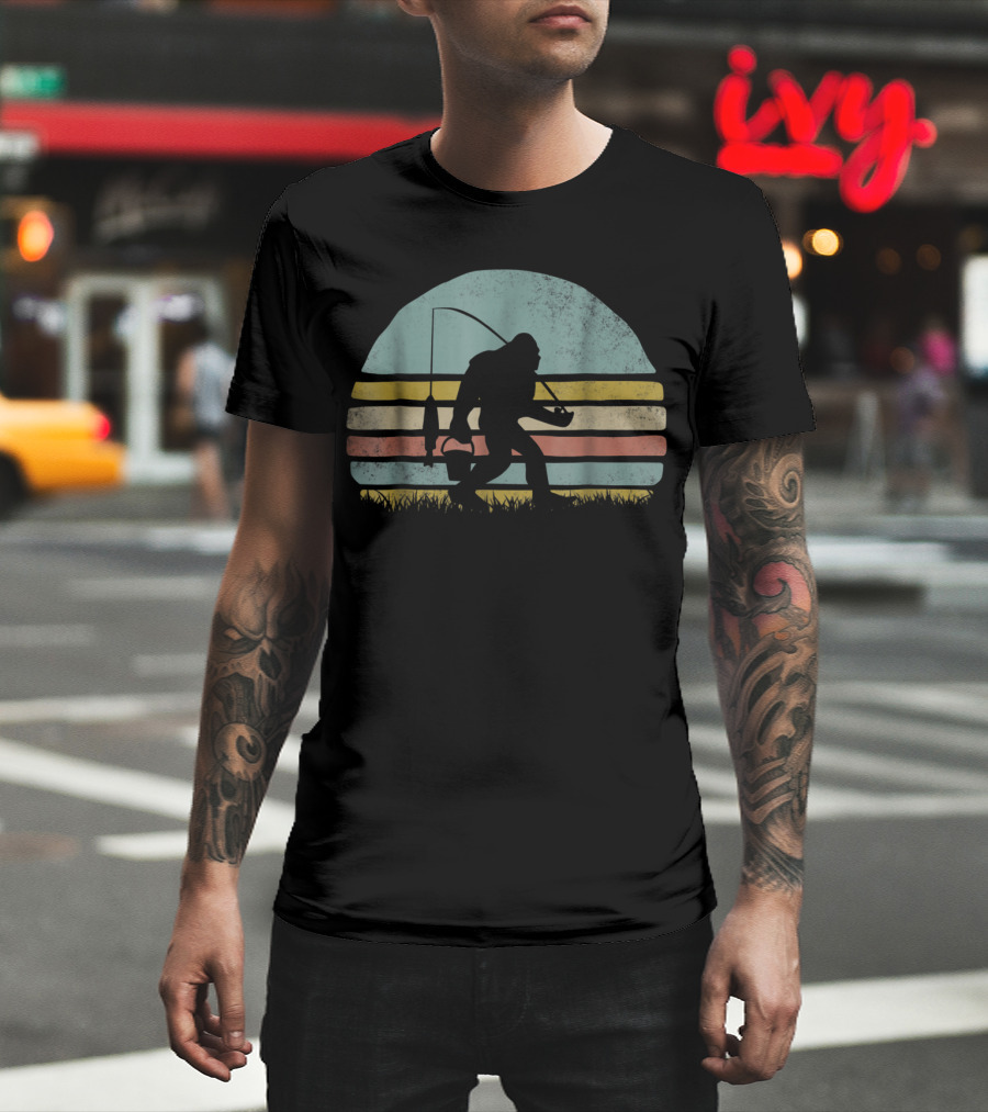 Awesome Bigfoot Fishing At Sunset Silhouette Retro Stripes T-Shirt