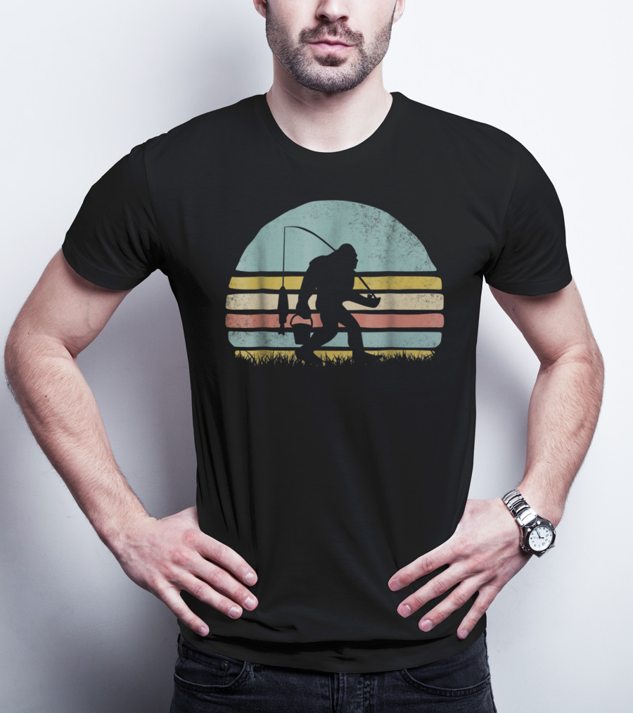 Awesome Bigfoot Fishing At Sunset Silhouette Retro Stripes T-Shirt