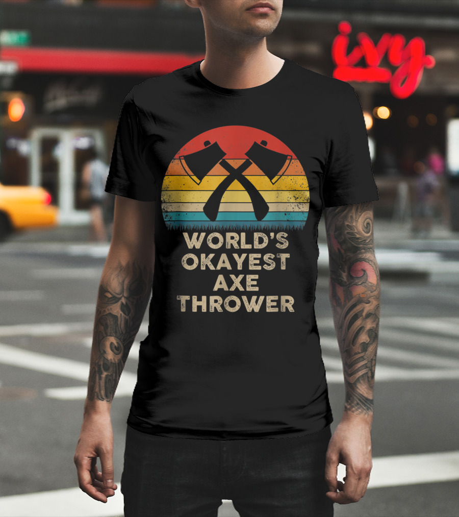 World's Okayest Axe Thrower Retro Axes Crossed Sunset T-Shirt