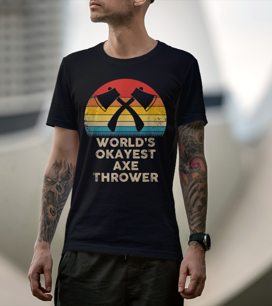 World's Okayest Axe Thrower Retro Axes Crossed Sunset T-Shirt