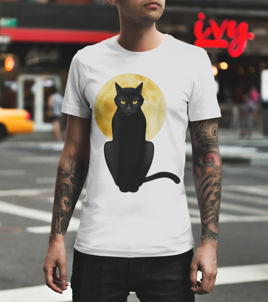 Black Cat Yellow Eyes Full Moon T-Shirt