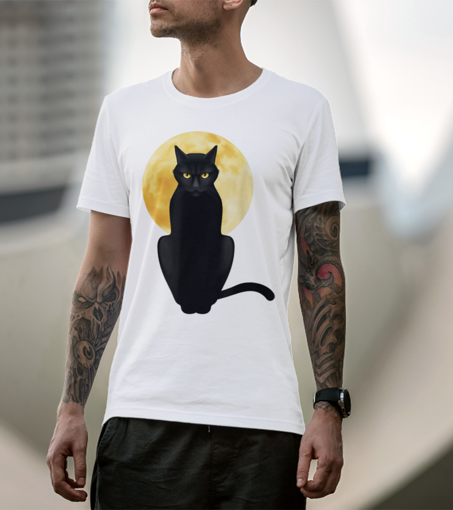 Black Cat Yellow Eyes Full Moon T-Shirt