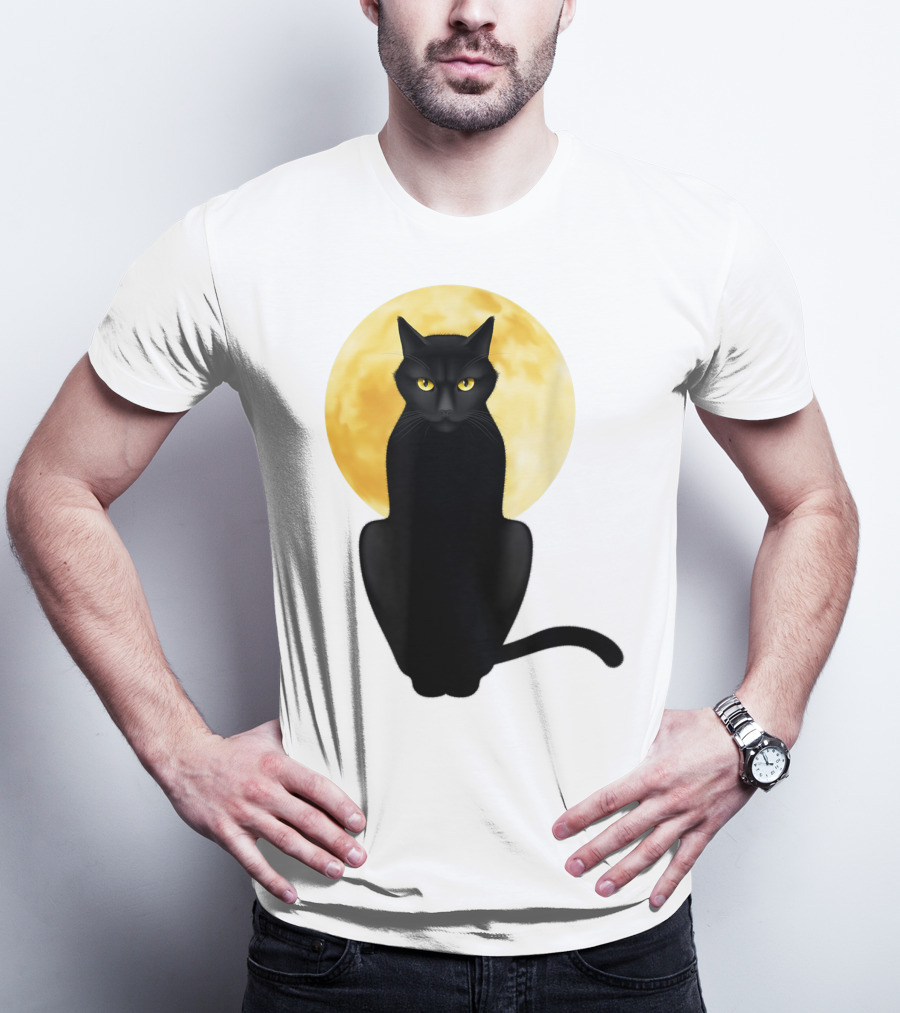Black Cat Yellow Eyes Full Moon T-Shirt