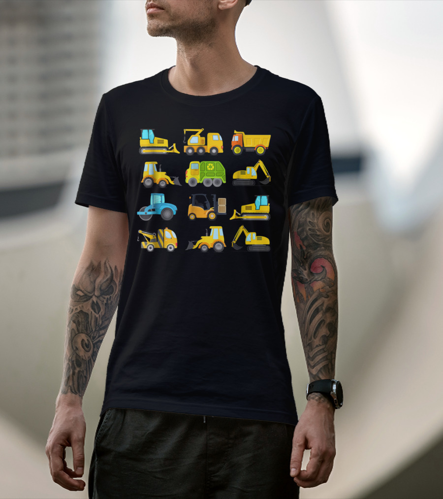Boys' Colorful Construction Trucks And Diggers Vehicles Short Sleeved T-Shirt
