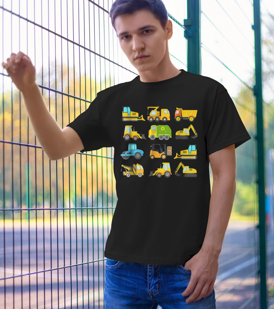 Boys' Colorful Construction Trucks And Diggers Vehicles Short Sleeved T-Shirt