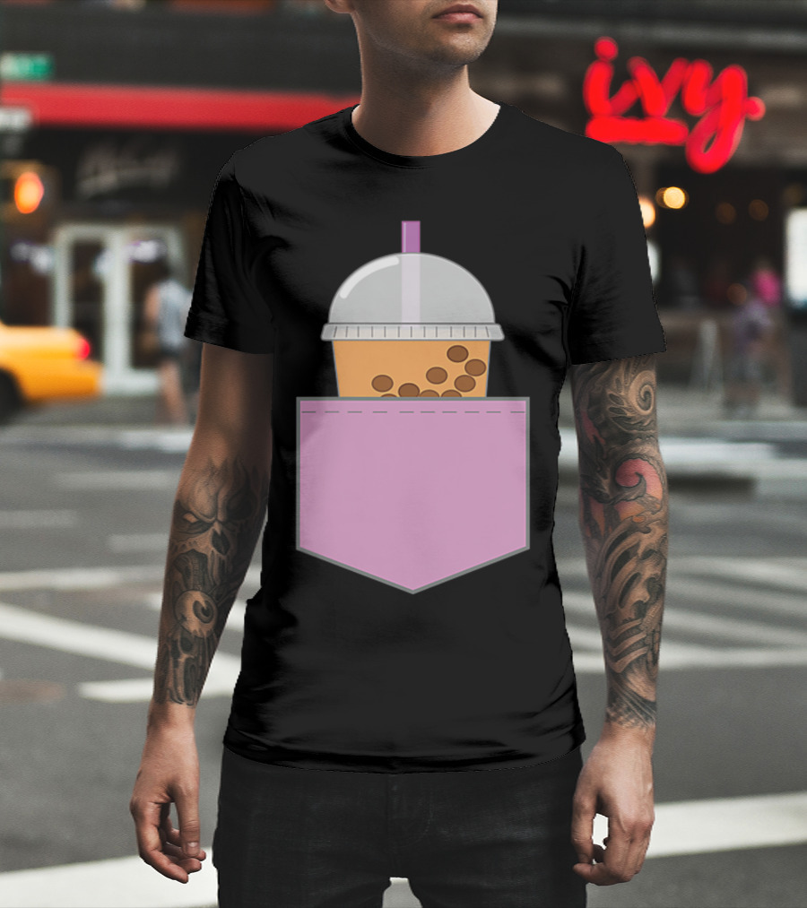 Bubble Tea Boba Cup In Pink Pocket T-Shirt