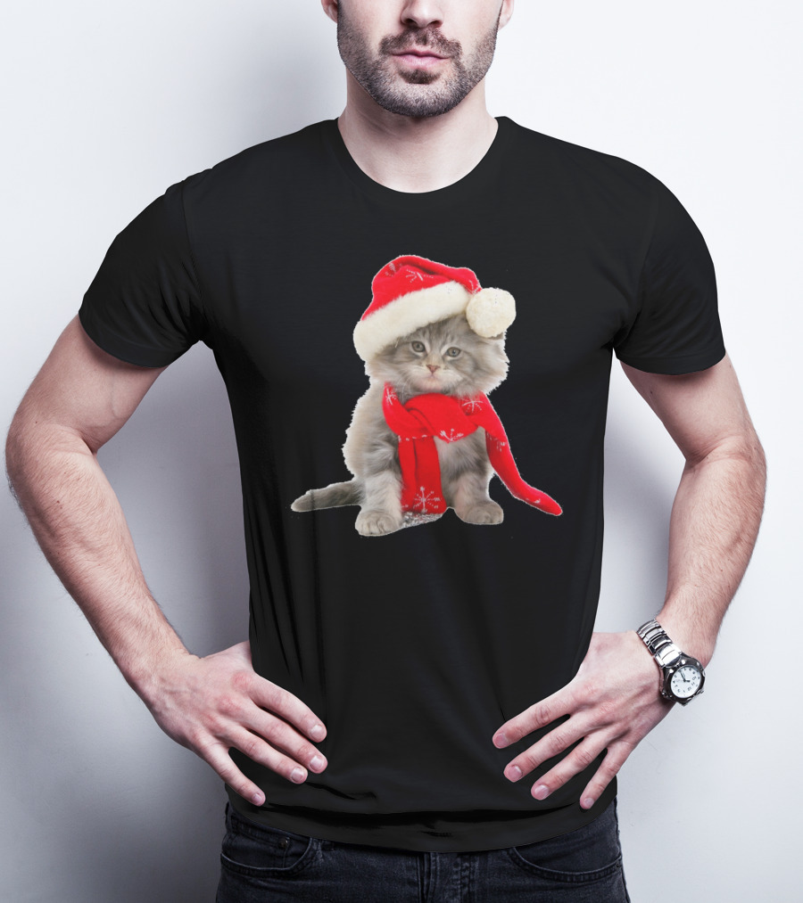 Cat Kitten In Santa Hat And Red Scarf T-Shirt