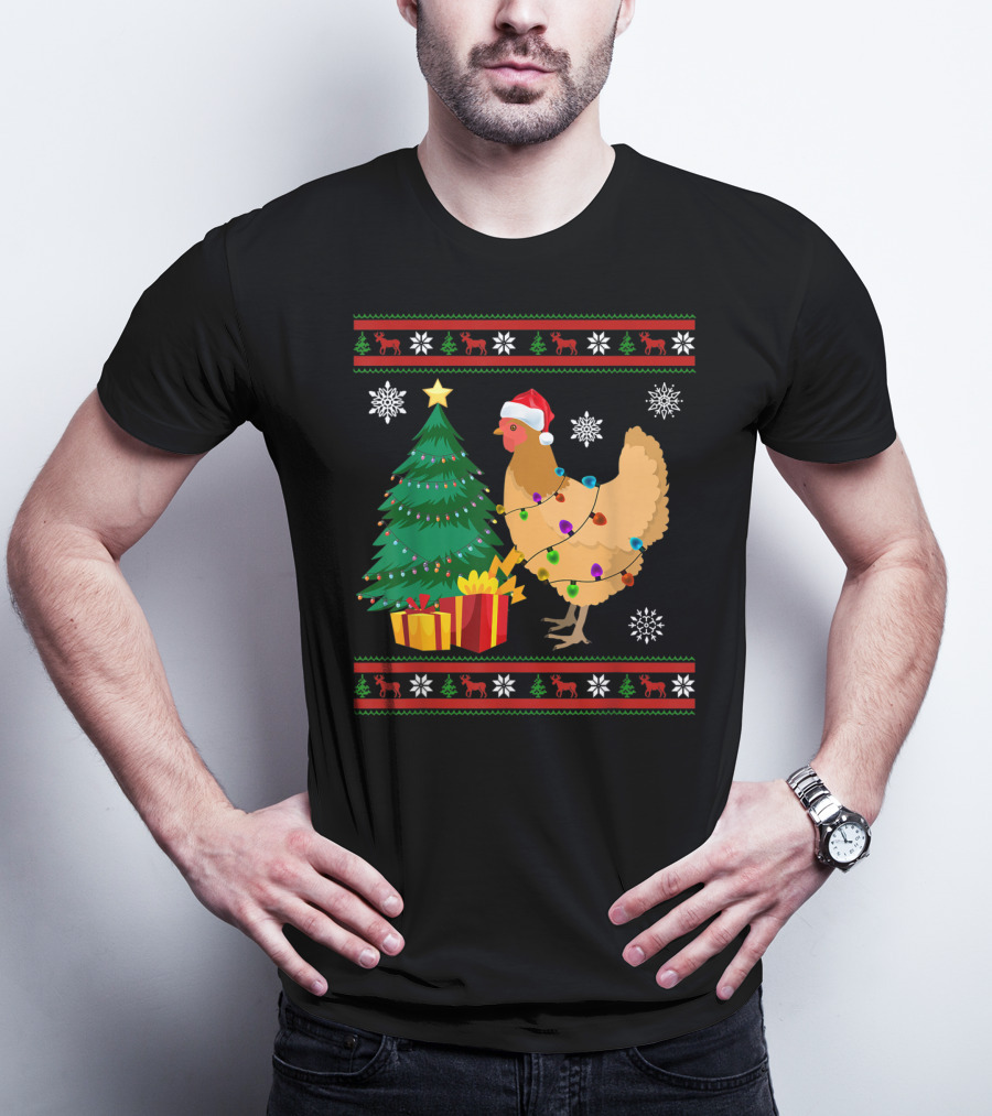 Chicken Christmas Decorations Santa Tree Snowflakes Reindeer T-Shirt