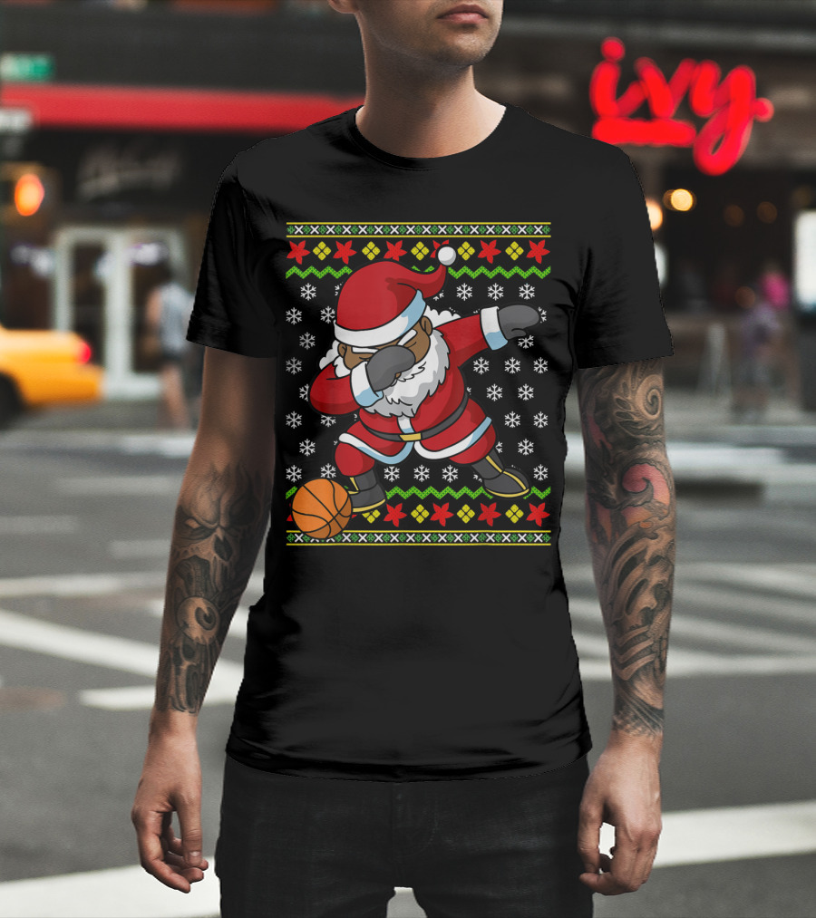 Christmas Black African American Santa Dabbing Basketball Ugly T-Shirt