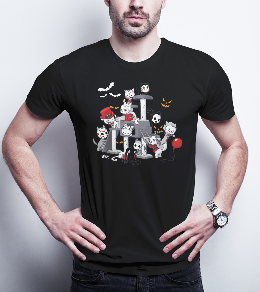 Cats Dressed As Iconic Creeps For Halloween Horror Movie Night T-Shirt