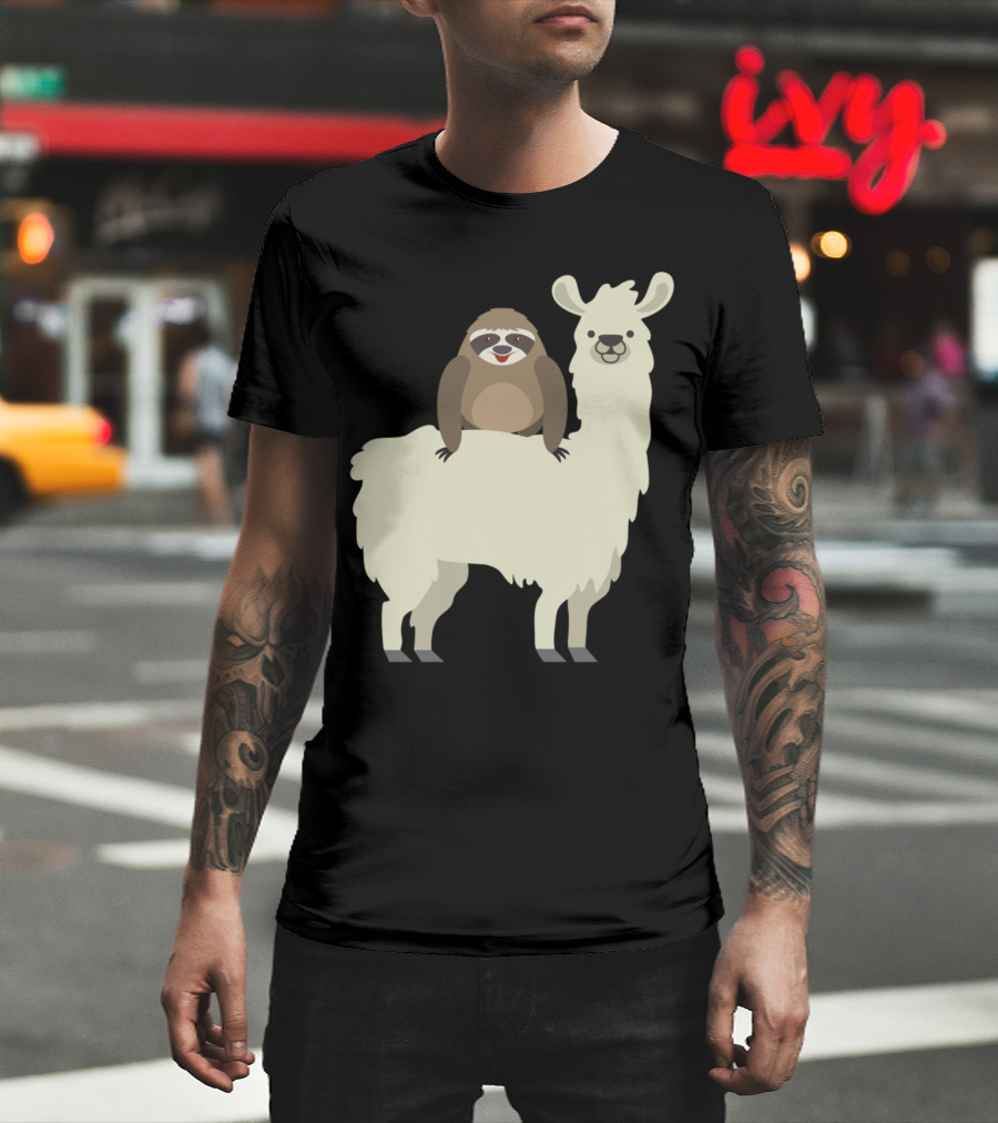 Cute Funny Sloth On Llama T-Shirt