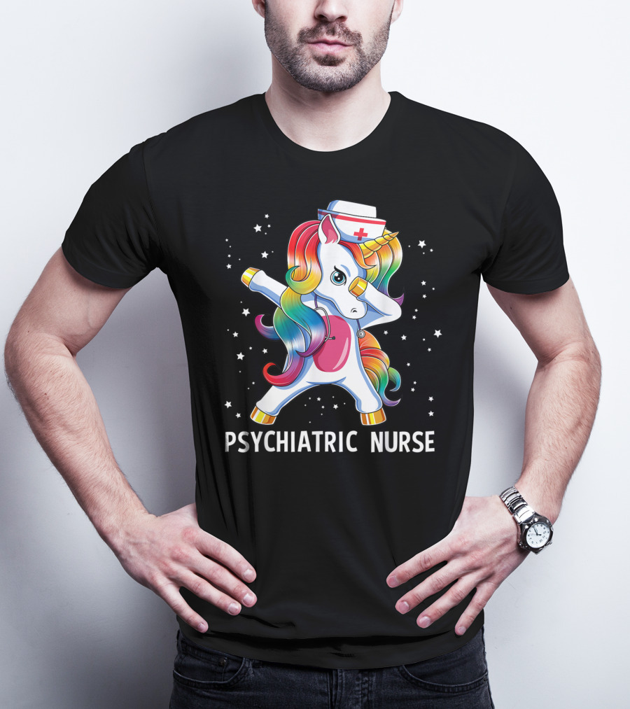 Dabbing Unicorn Rainbow Psychiatric Nurse With Nurse Hat And Stars T-Shirt