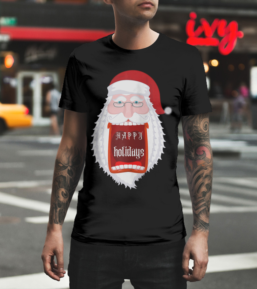 HAPPY HOLIDAYS SANTA ZIP SCREAMING MOUTH WITH GLASSES T-Shirt