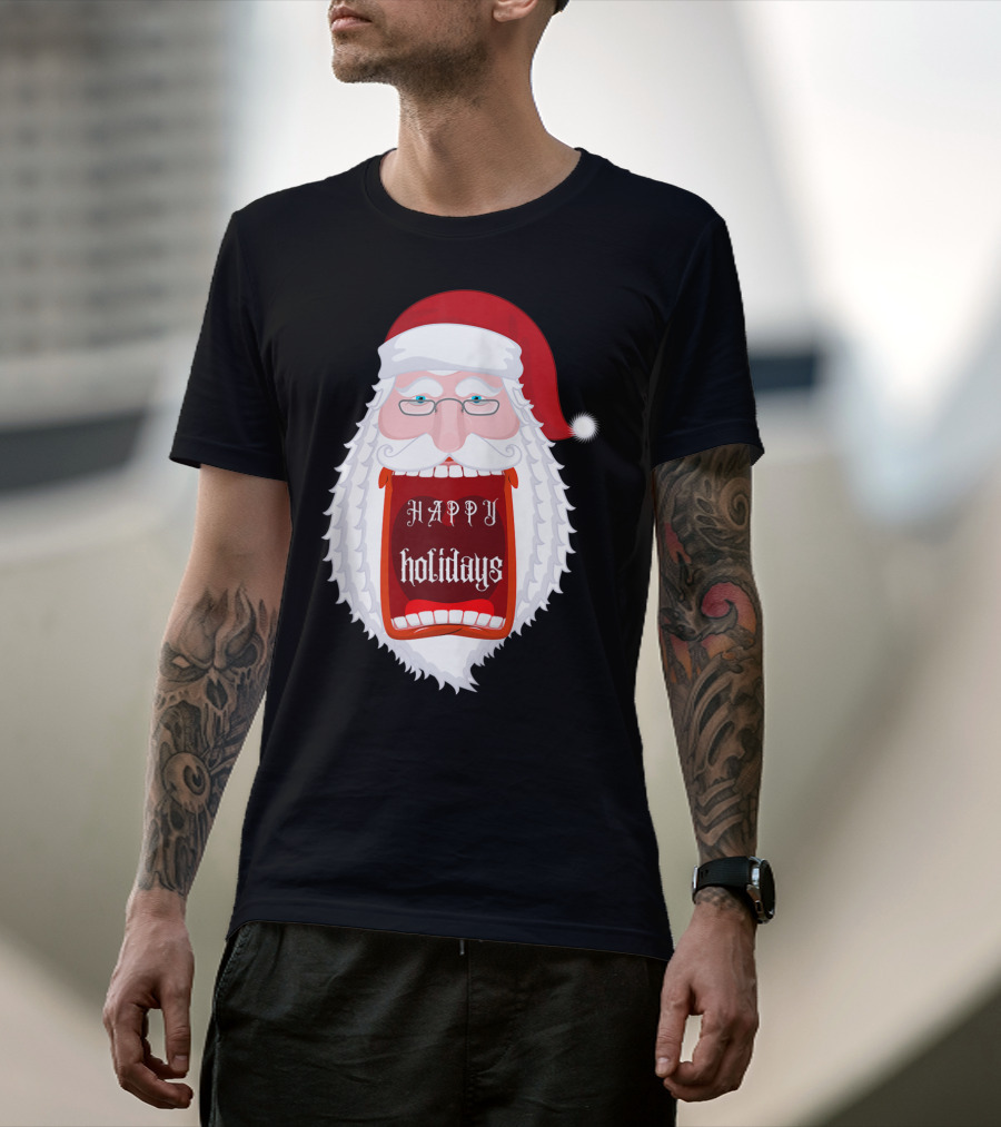 HAPPY HOLIDAYS SANTA ZIP SCREAMING MOUTH WITH GLASSES T-Shirt