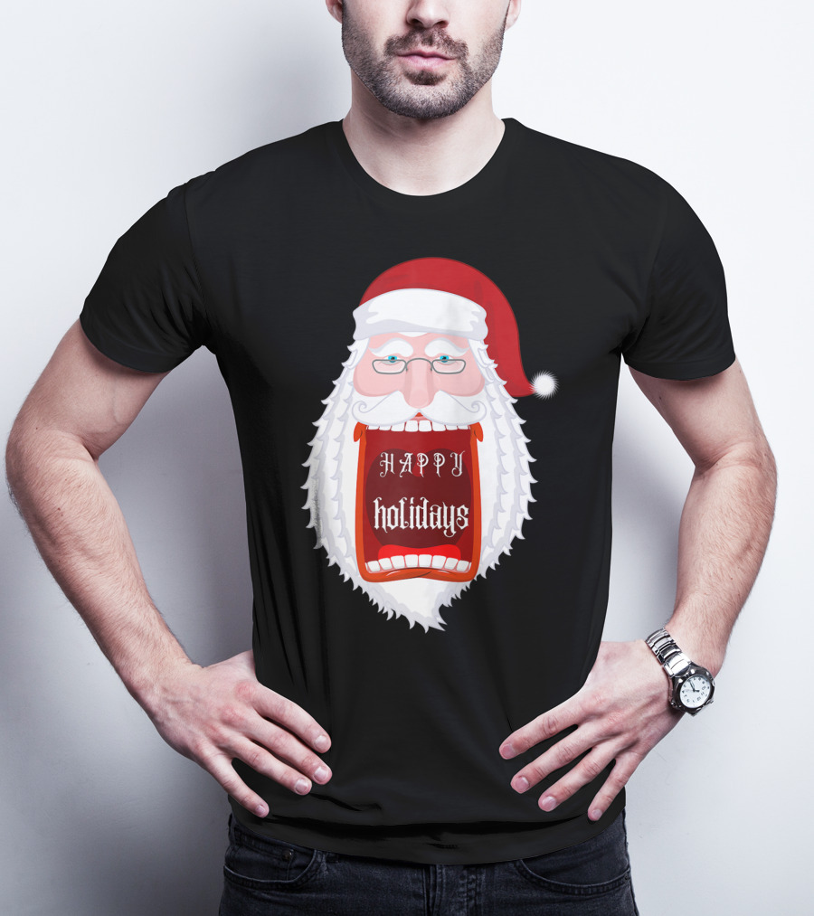 HAPPY HOLIDAYS SANTA ZIP SCREAMING MOUTH WITH GLASSES T-Shirt