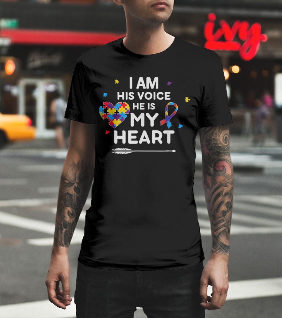 I Am His Voice He Is My Heart Puzzle Piece Ribbon Autism Awareness T-Shirt