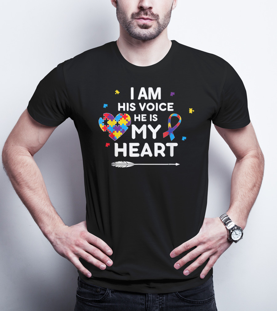 I Am His Voice He Is My Heart Puzzle Piece Ribbon Autism Awareness T-Shirt