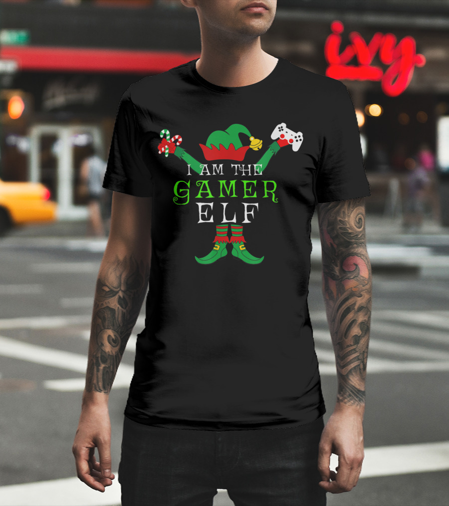 I Am The Gamer Elf With Candy Cane And Game Controller T-Shirt